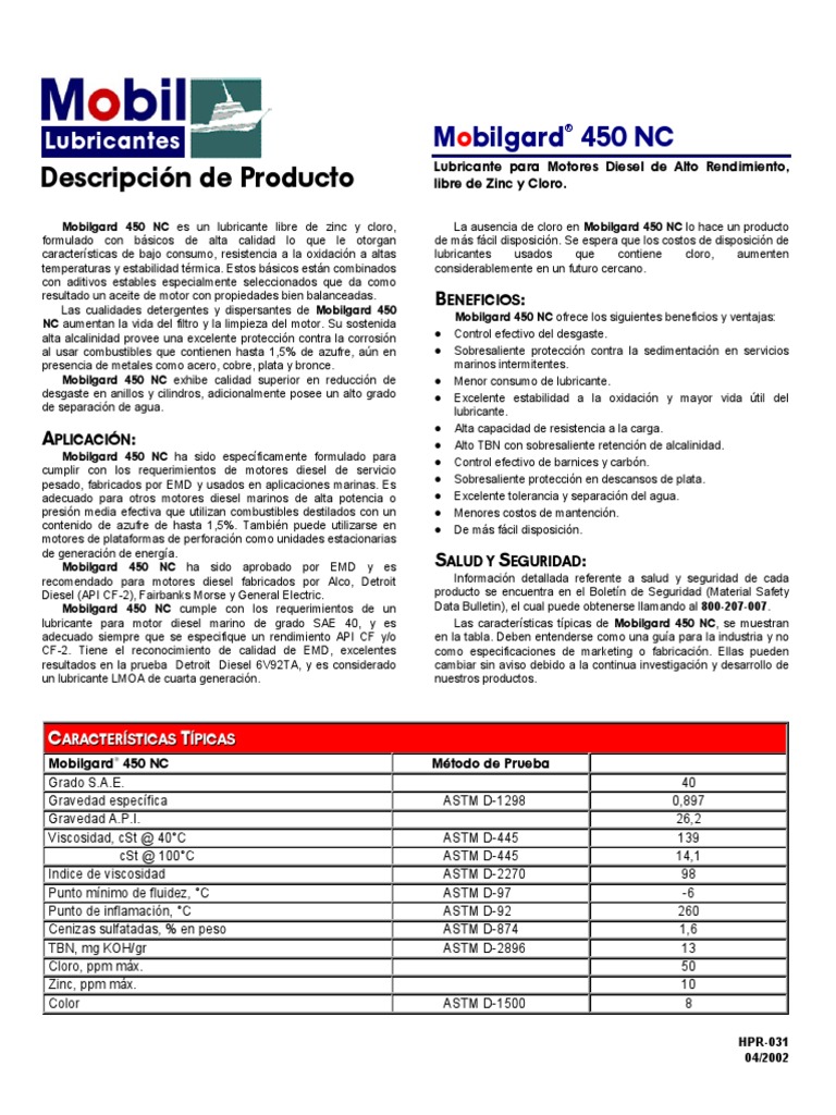 Lubricante Diesel Mobilgard 450 NC | PDF | Lubricante | Motor diesel
