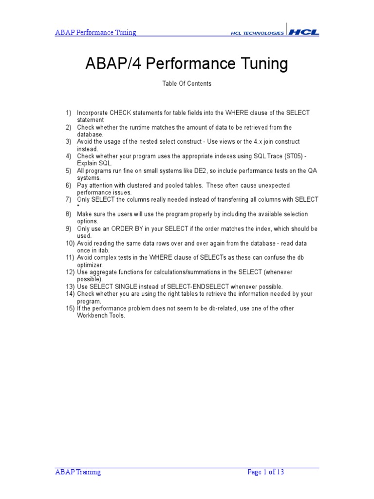 ABAP Performance Tuning | PDF | Database Index | Sql