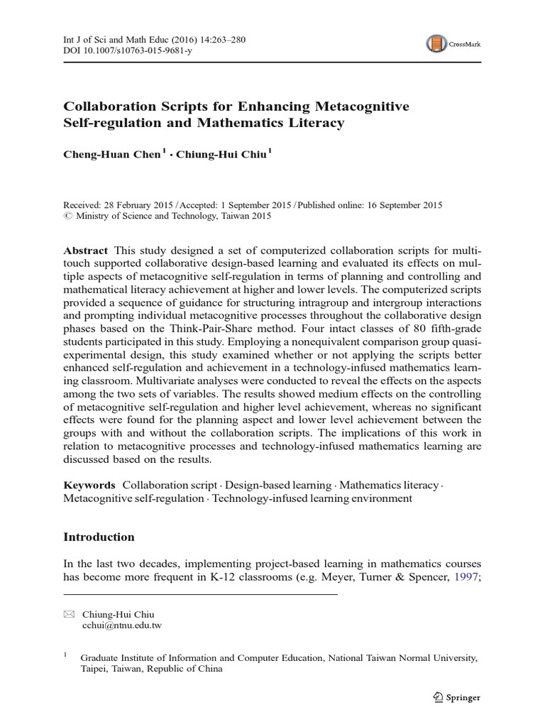 Collaboration Scripts For Enhancing Metacognitive Self Regulation And Mathematics Literacy Pdf