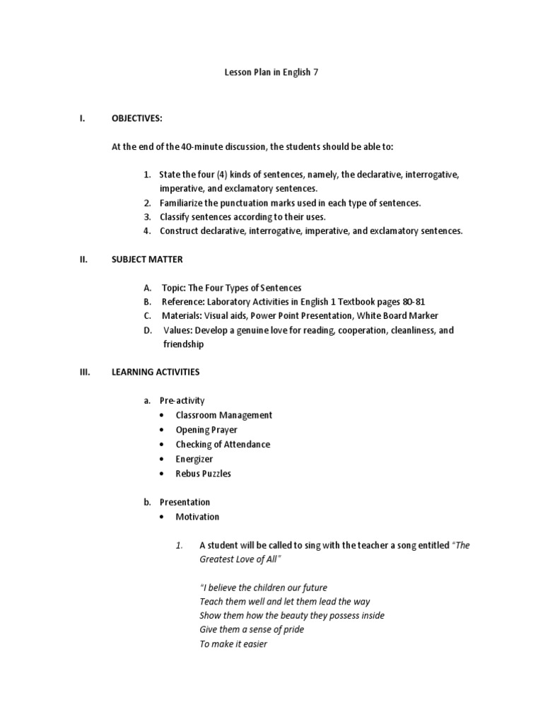 Lesson Plan in English 7 | PDF | Sentence (Linguistics) | Question