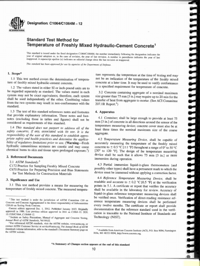 ASTM C1064 - Standard Test Method For Temperature of Freshly Mixed ...