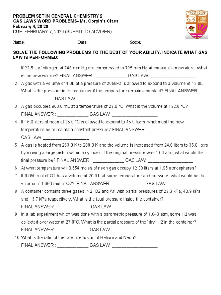 Problem Set in General Chemistry 2 Gas Laws | PDF