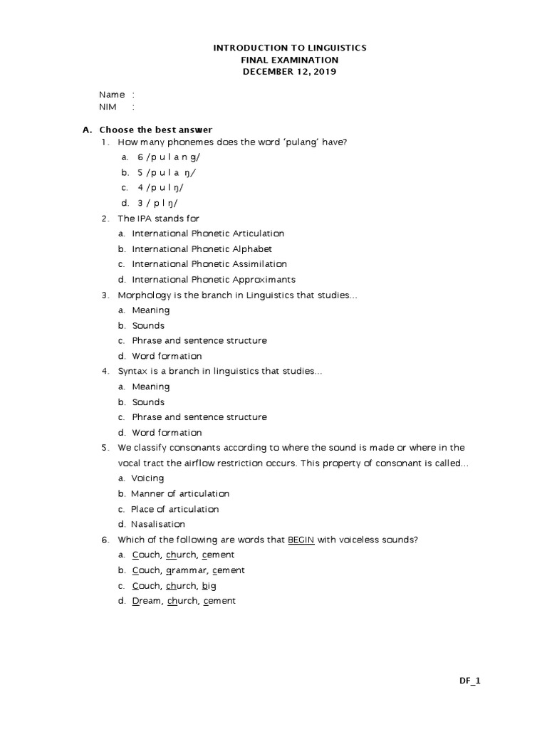 Final Exam Dec 2019 | PDF | Phonetics | Word