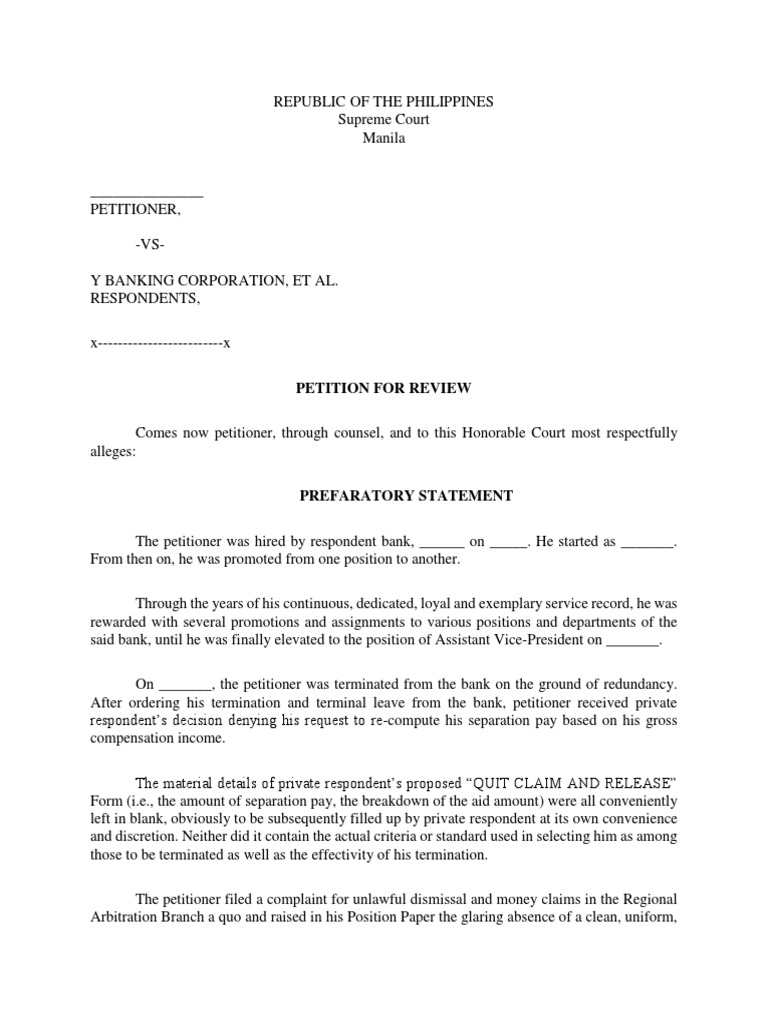 PETITION FOR REVIEW UNDER RULE 45 Form | PDF | Judgment (Law) | Certiorari