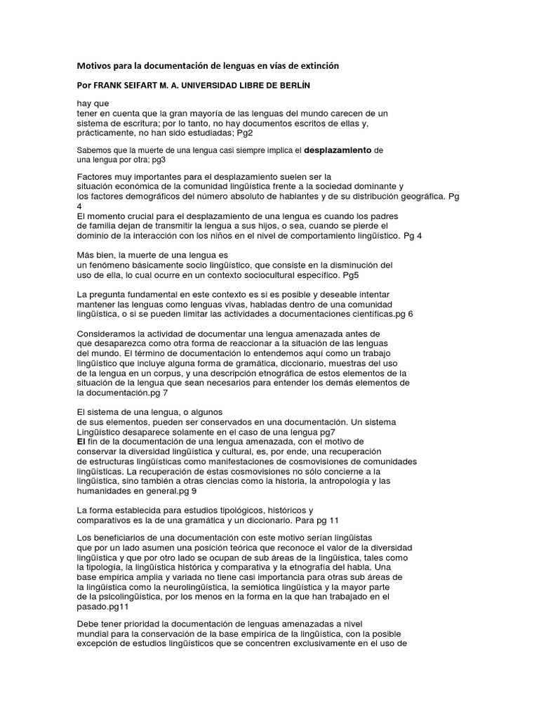 Motivos para La Documentación de Lenguas en Vías de Extinción | PDF ...
