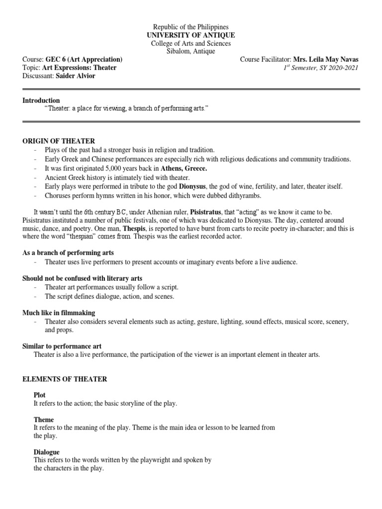 Theater Arts Handout | PDF | Play (Theatre) | Theatre