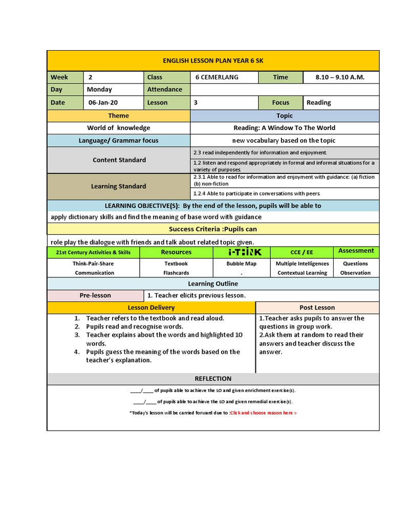 English Lesson Plan Year 6 SK | PDF | Lesson Plan | Teachers