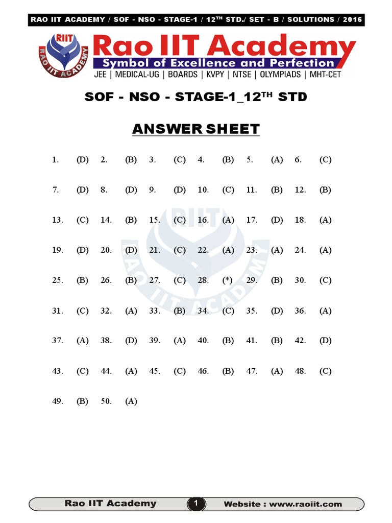 Fianl 12th SOF-NSO-Stage-1 SET-B Solutions 2016 | PDF | Capacitor ...