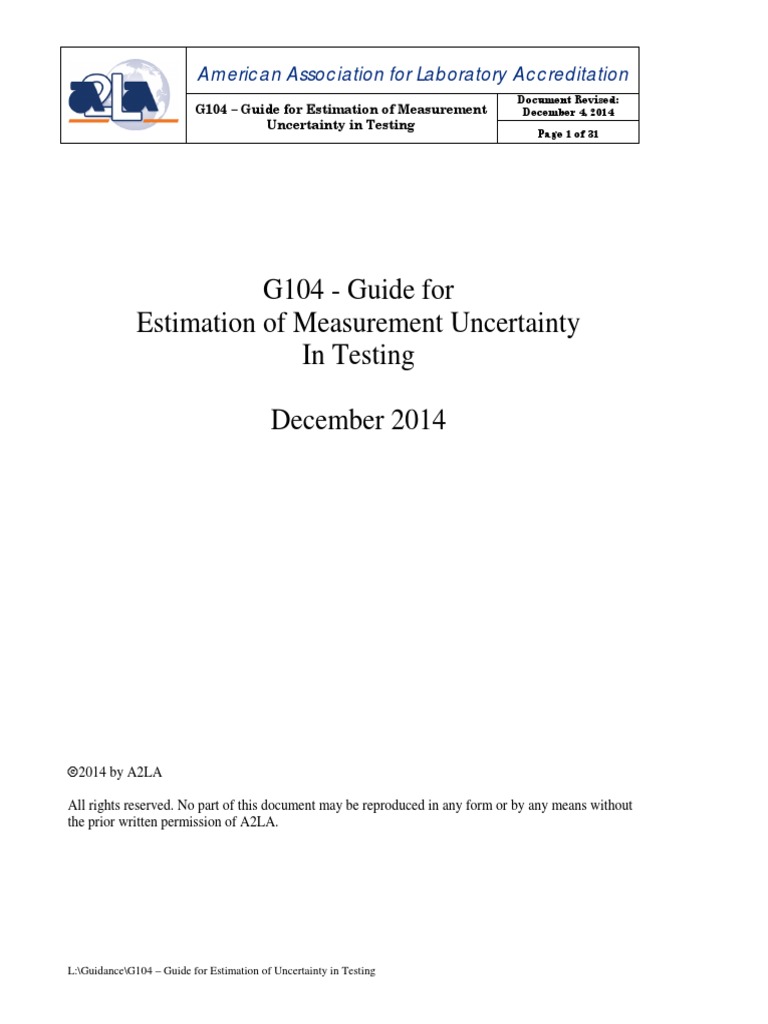 G104 - Guide For Estimation of Measurement Uncertainty in Testing (2014 ...