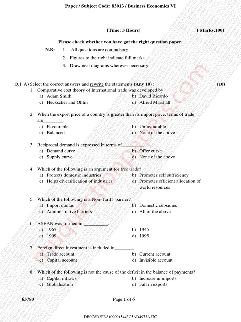 Business Economics Exam Questions | PDF | Free Trade | World Economy