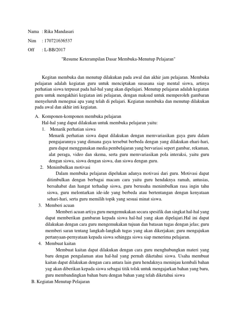 Rika Mandasari - 170721636537 - Resume Membuka Dan Menutup Pelajaran | PDF