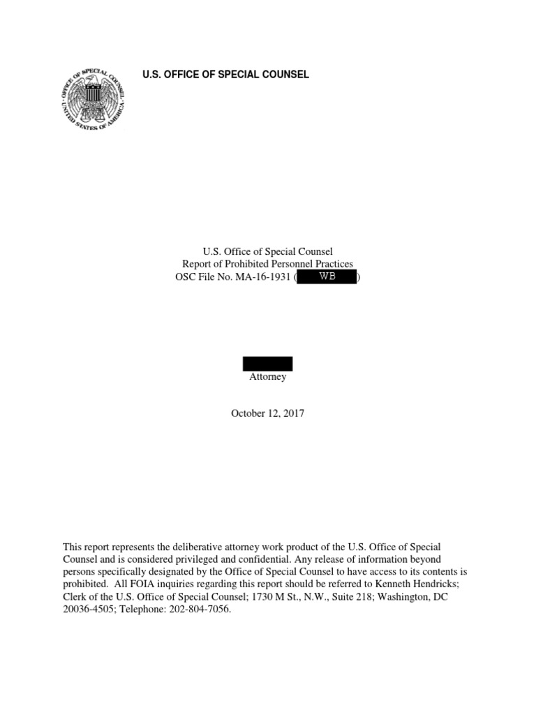 Prohibited Personnel Practices Report, OSC File No. MA-16-1931 | PDF ...