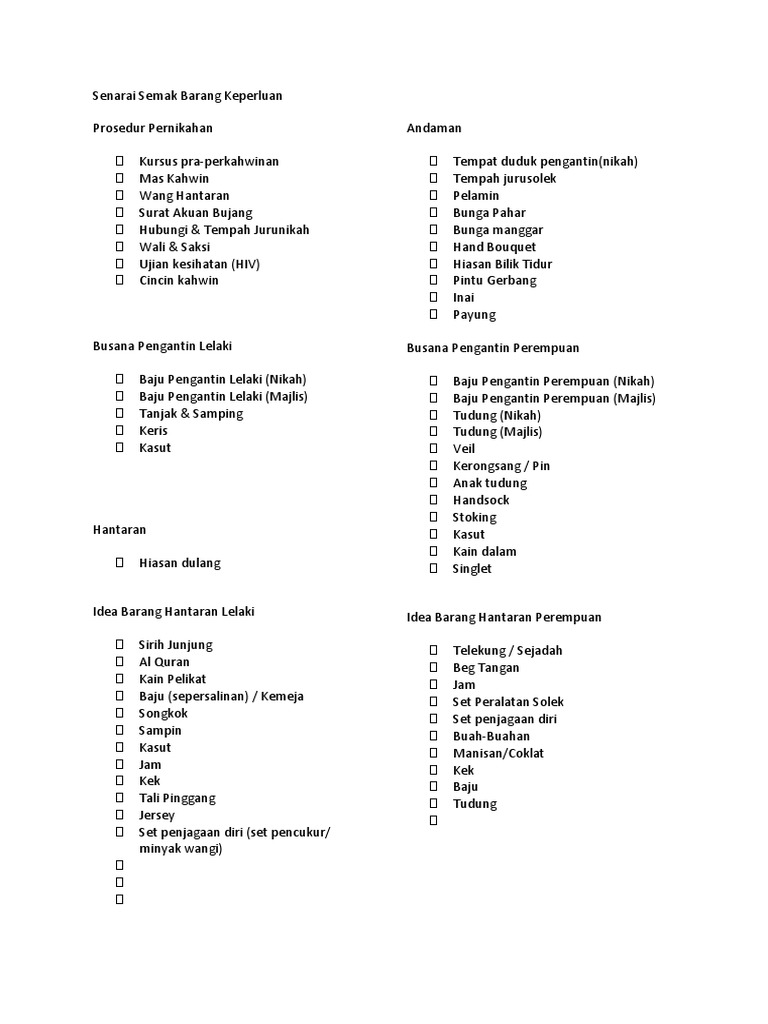 Senarai Semak Barang Keperluan | PDF