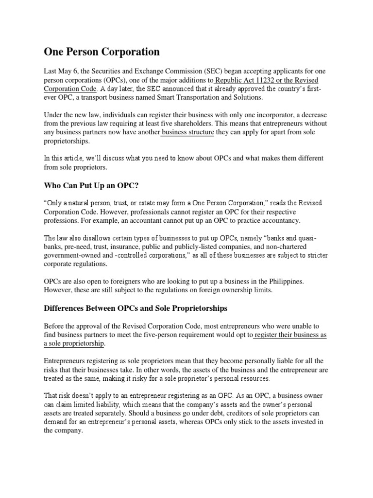 An Overview of One Person Corporations (OPCs) in the Philippines ...