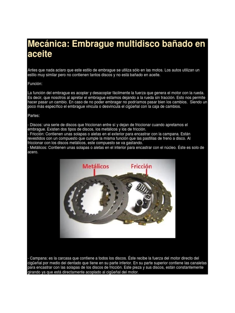 Embrague Multidisco en Motos: Funcionamiento y Partes | PDF | Embrague ...