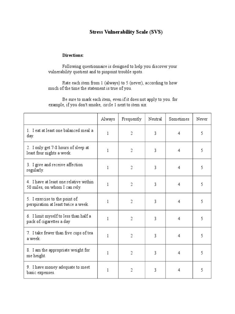 Stress Vulnerability Scale Assessment | PDF | Determinants Of Health ...