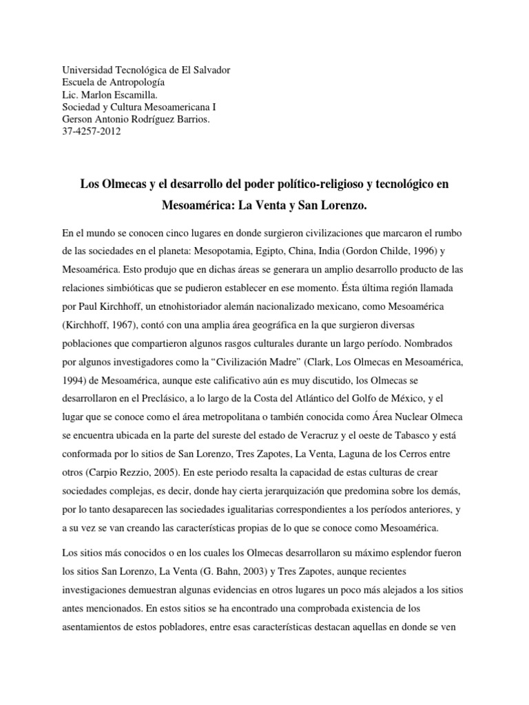 Los Olmecas y El Desarrollo Del Poder Po PDF | PDF | Mesoamérica | Sociedad