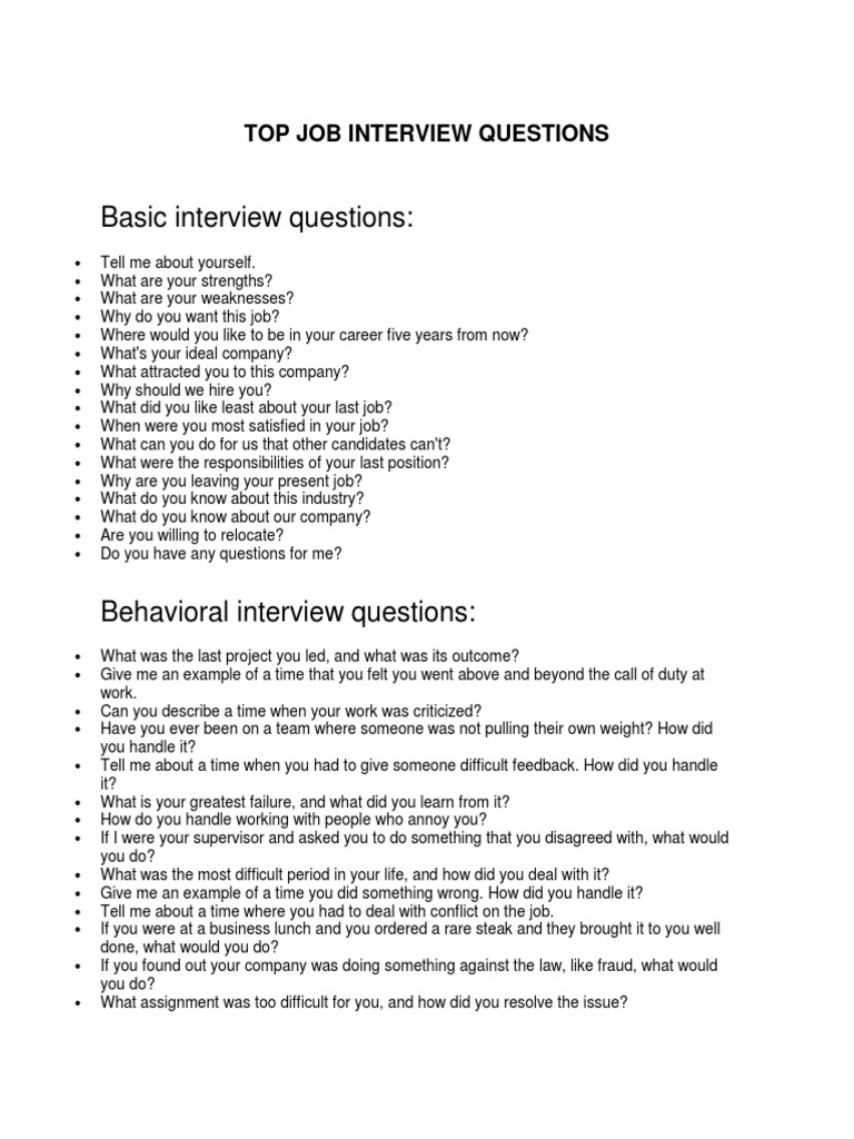 100 Top Job Interview Questions | Download Free PDF | Job Interview ...