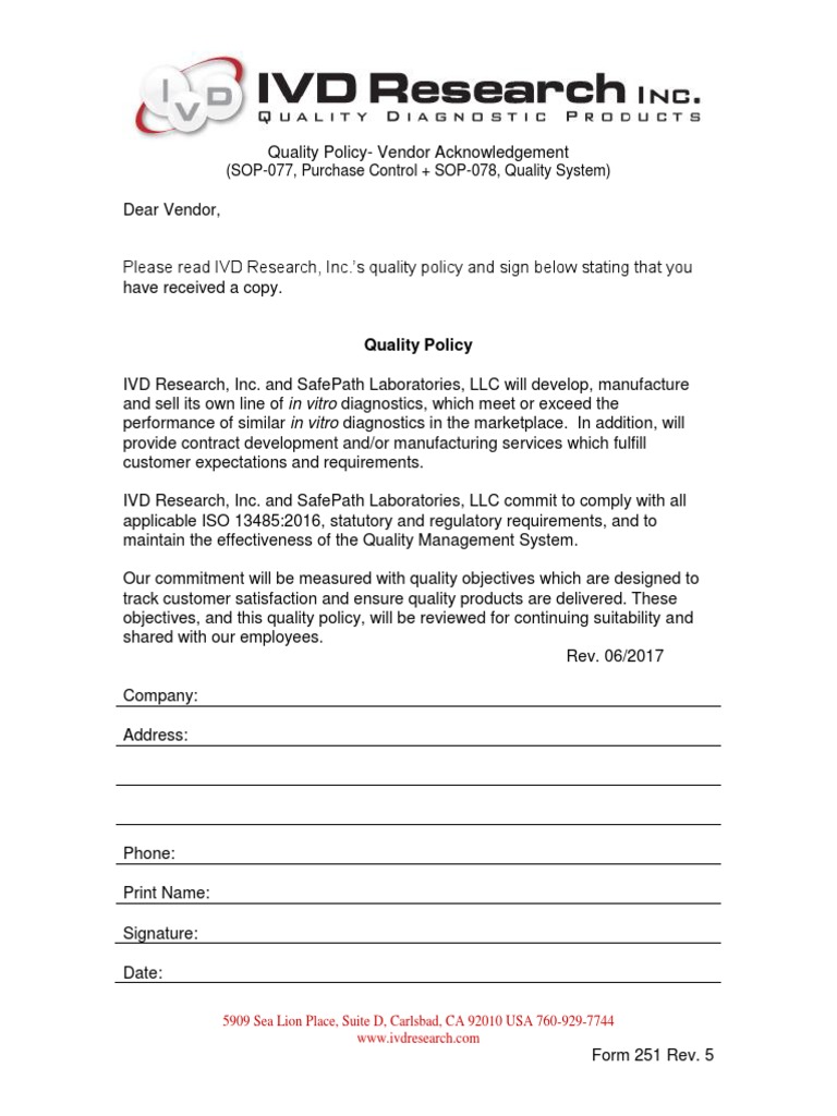 Form 251 - Quality Policy Vendor Acknowledgement Sheet | PDF