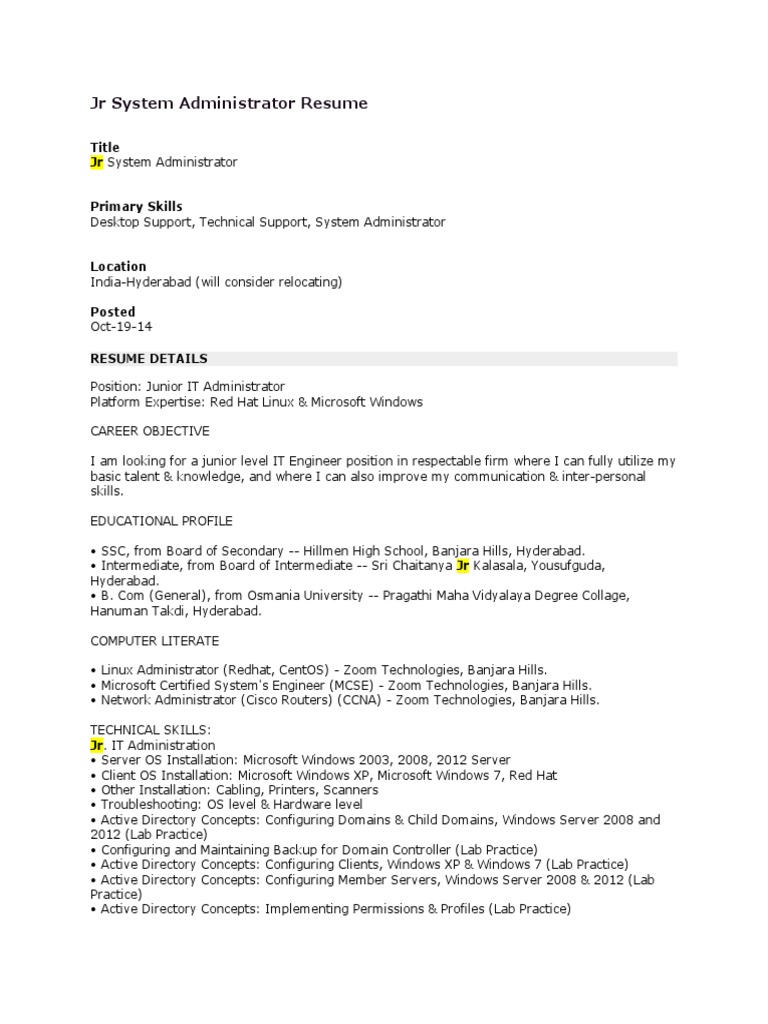 Jr System Administrator Resume | PDF | System Administrator | Active ...