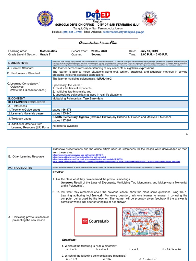 Lesson Plan On Multiplying Two Binomials | PDF | Group (Mathematics ...
