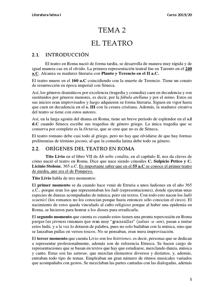 Tema 2 Literatura Latina. El Teatro | PDF | Comedia | Teatro