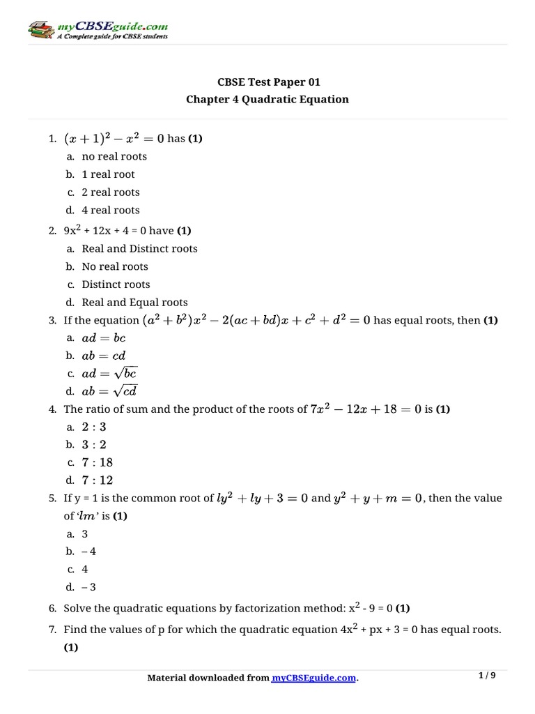 10 Maths Test Paper ch4 1 | PDF | Quadratic Equation | Abstract Algebra