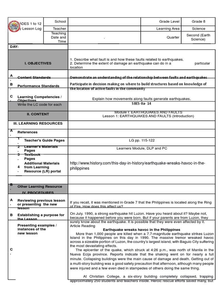 Earthquakes and Faults Lesson Plan | PDF | Earthquakes | Learning