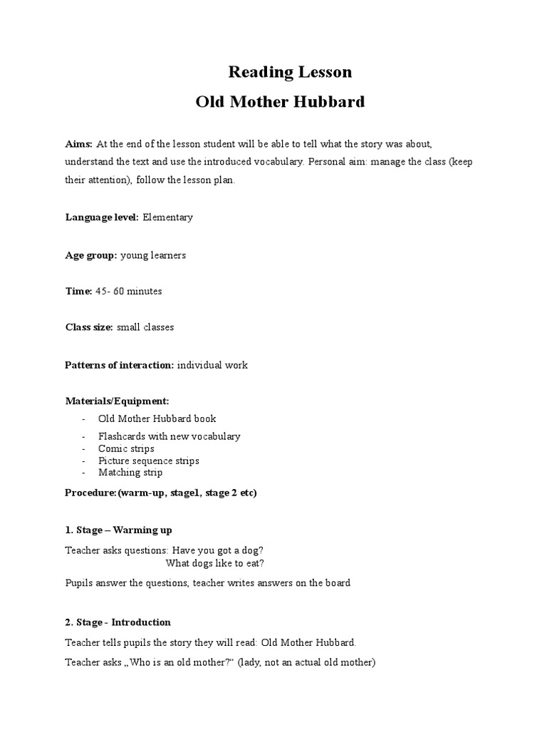 Old Mother Hubbard Lesson Plan | PDF | Vocabulary | Lesson Plan