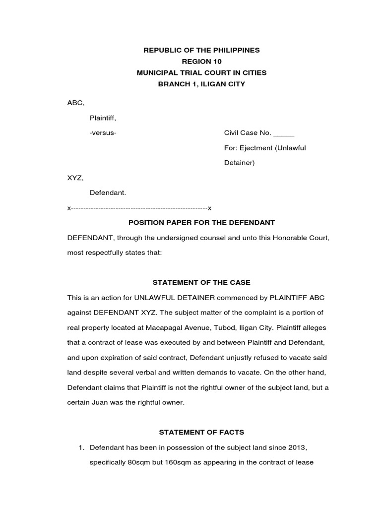 Legal Forms Position Paper For The Defendant | PDF | Complaint | Lease