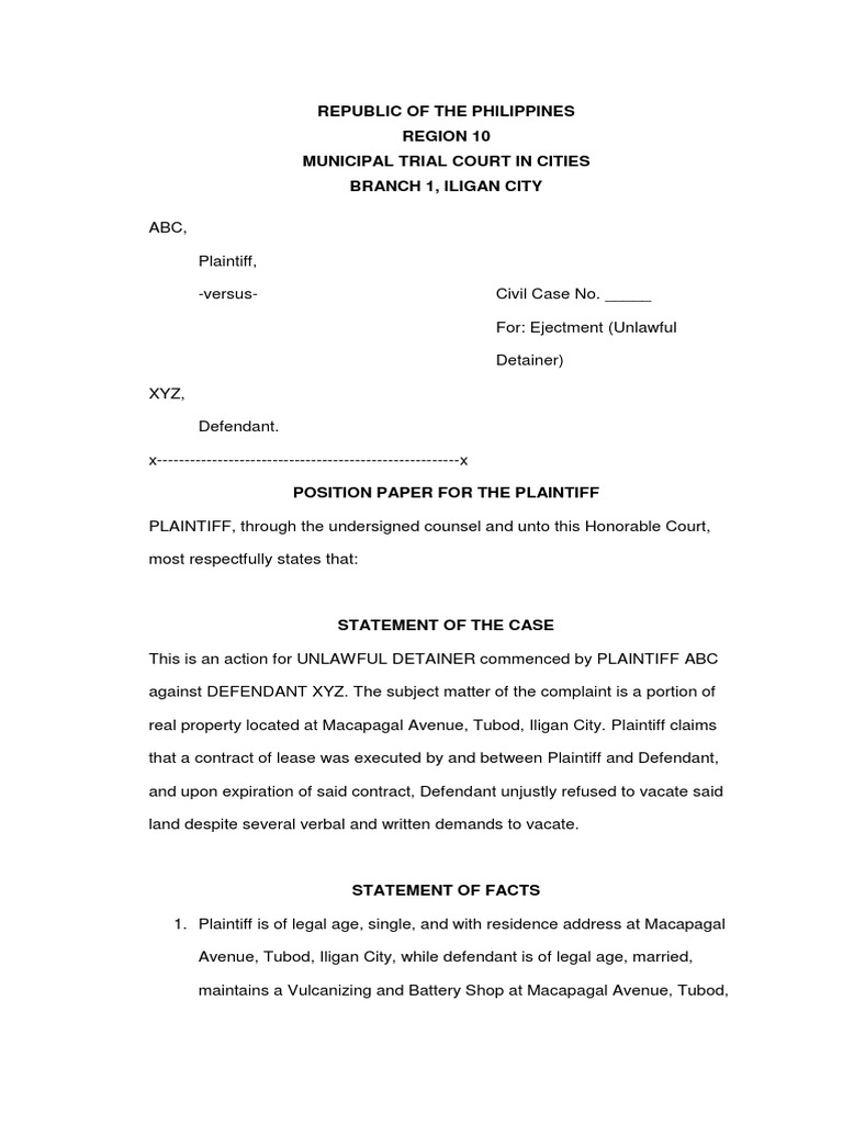 Legal Forms Position Paper For The Plaintiff | PDF | Lawsuit | Complaint