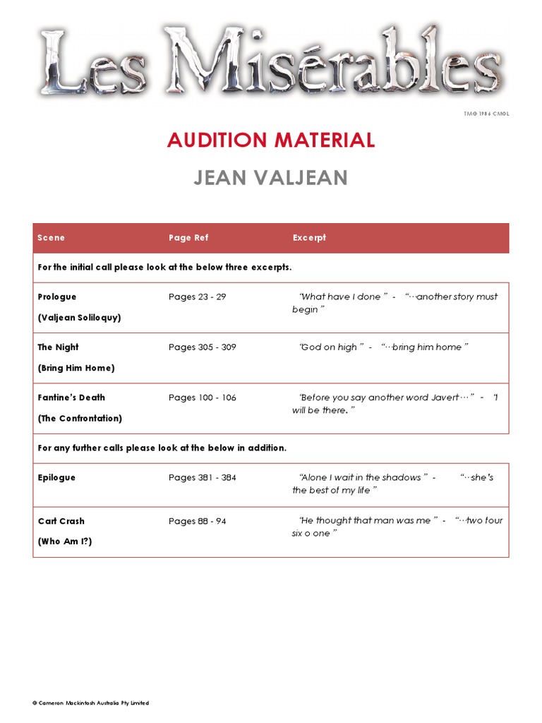 Les Miserables - Audition Material - Jean Valjean | PDF | Les Misérables | Books About Paris