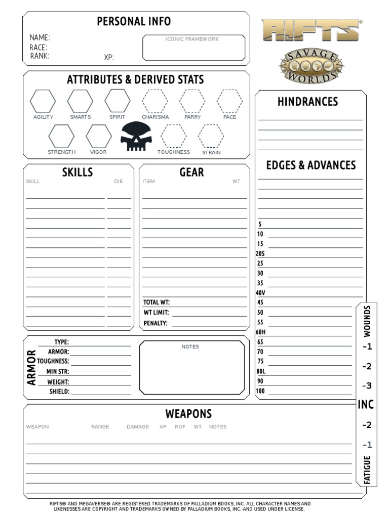 Savage_RIFTS_Character_Sheet_PrinterFriendly | Role Playing Games | Gaming