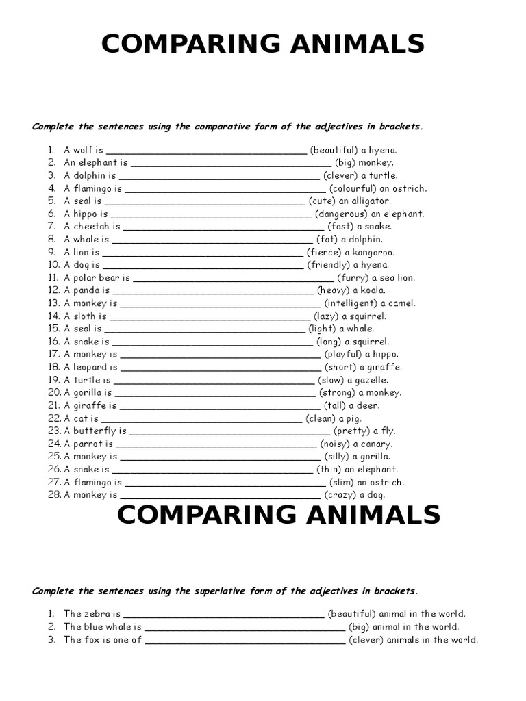 COMPARING ANIMALS - Sentences With Comparatives and Superlatives | PDF ...