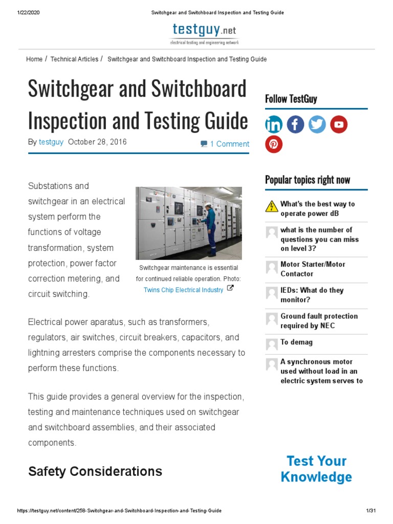 Switchgear and Switchboard Inspection and Testing Guide | PDF ...