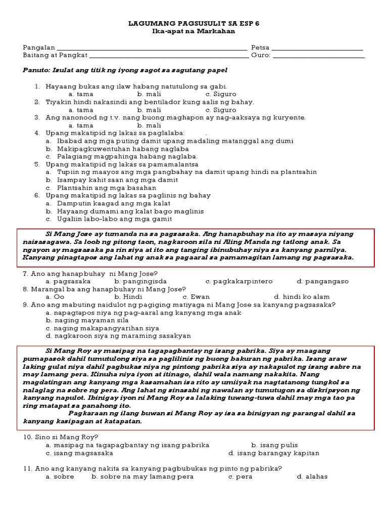 Lagumang Pagsusulit Sa Esp 6 | PDF