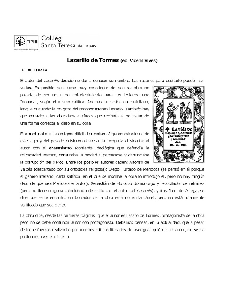 Ejercicios Lazarillo de Tormes | PDF | Novelas