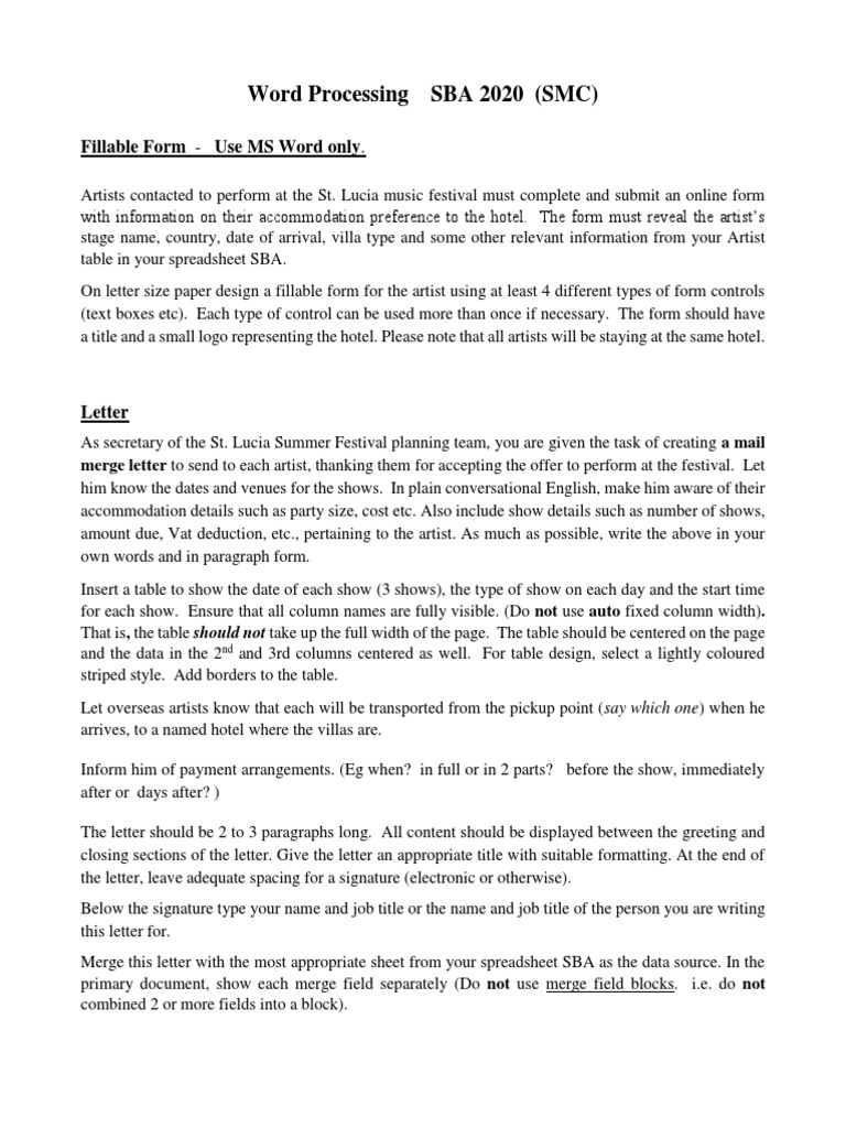 Word Processing SBA 2020 INSTRUCTIONS | PDF | Spreadsheet | Paragraph