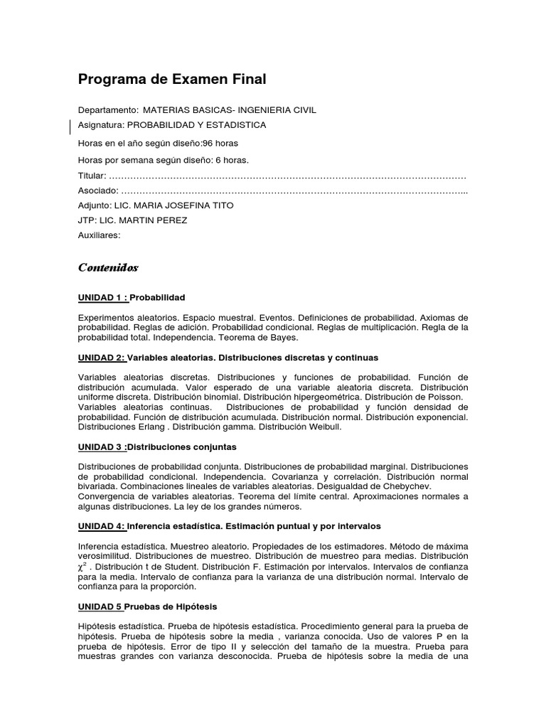 Programa de Examen Final de Probabilidad y Estadistica PDF | PDF ...