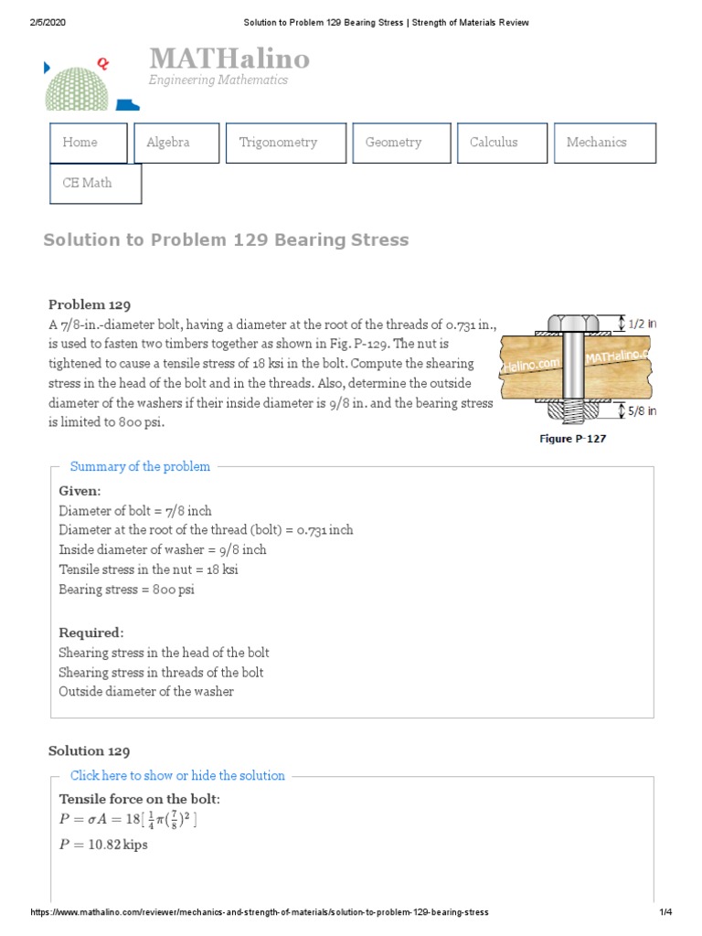 Solution To Problem 130 Bearing Stress - Strength of Materials Review | PDF | Screw | Stress ...
