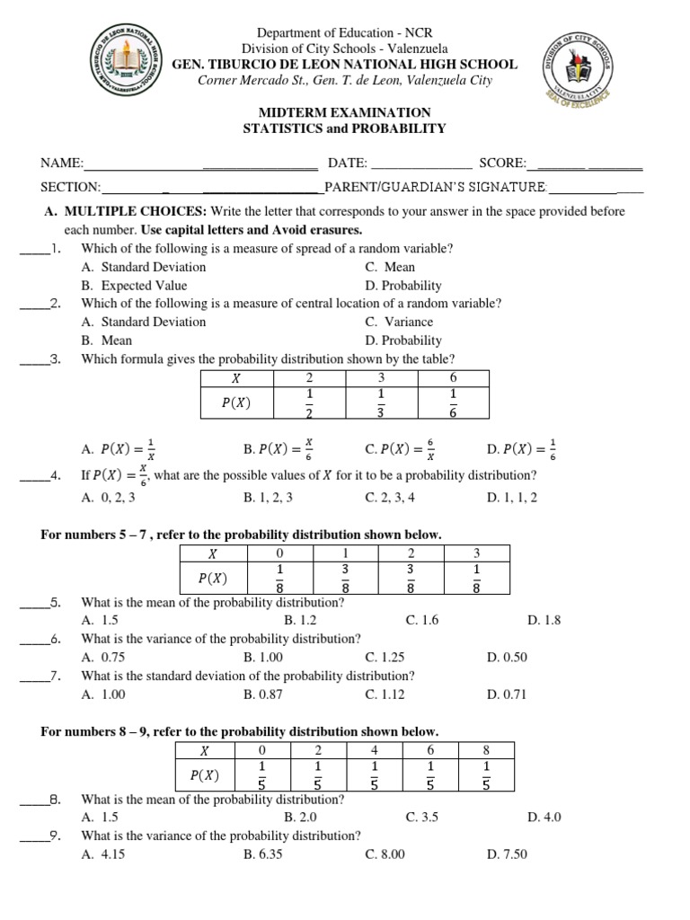 Stat&Proba Midterm Exam | PDF | Probability Distribution | Mean