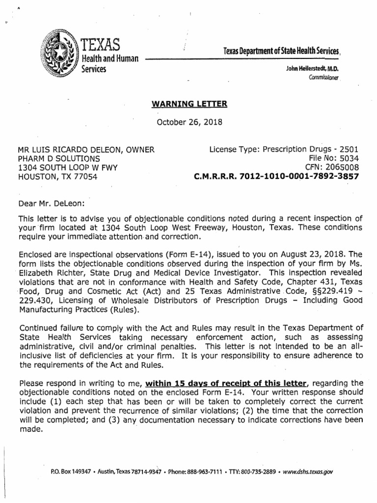 DSHS Warning Letter | PDF | Medical Device | Pharmacology
