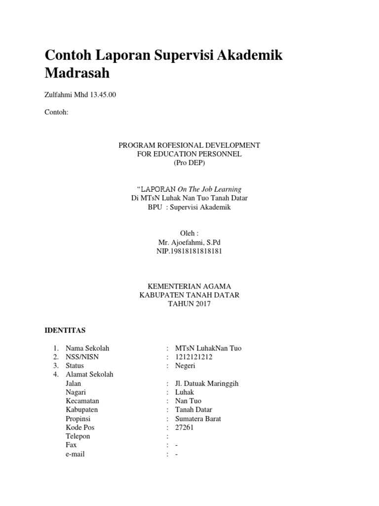 Contoh Laporan Supervisi Akademik Madrasah | PDF