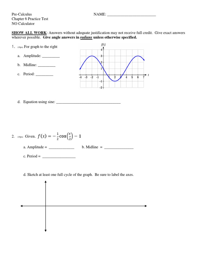 Precalculus Unit 6 Practice Test | PDF | Sine | Trigonometric Functions