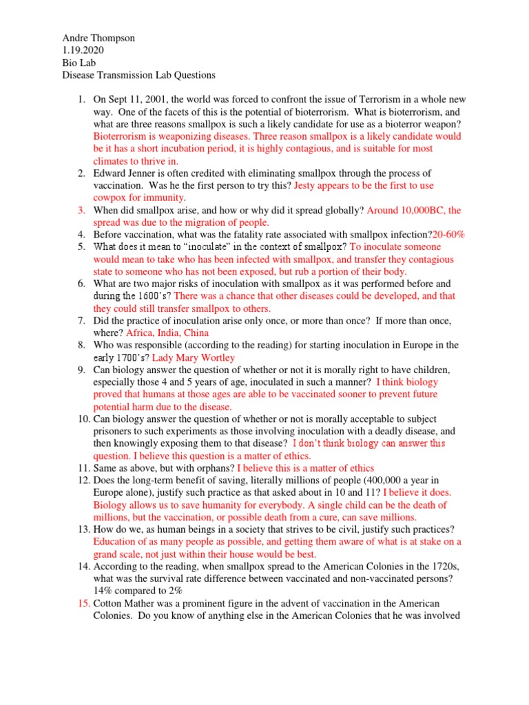 Disease Transmission Lab Questions | PDF | Inoculation | Smallpox