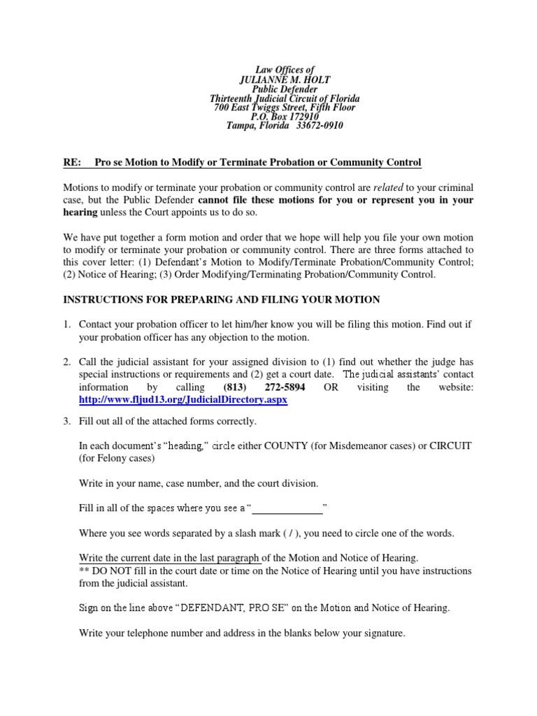Pro Se Motion To Modify or Terminate Probation or Community Control ...