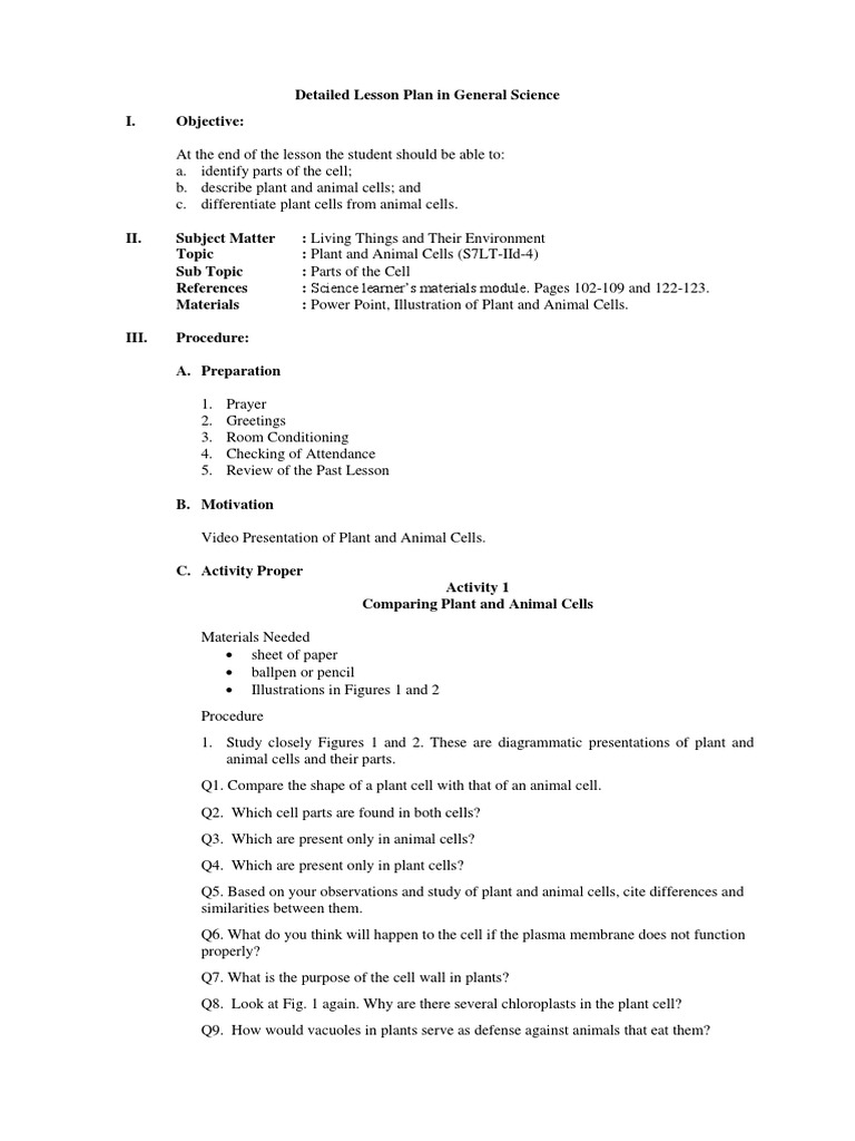Lesson Plan Plant and Animal Cell | PDF | Endoplasmic Reticulum ...