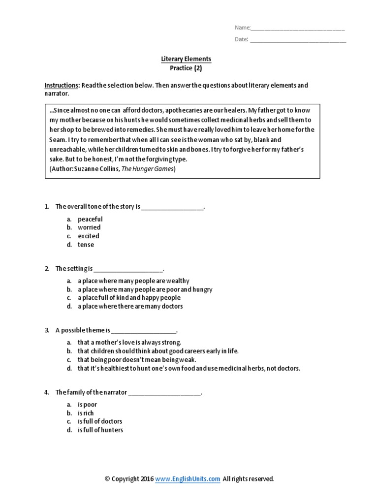 Literary Elements Practice 2 Pdf Narration