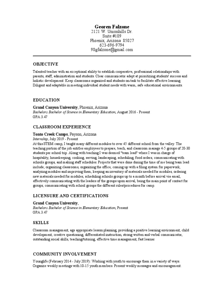 Gcu Resume | PDF | Teachers | Classroom