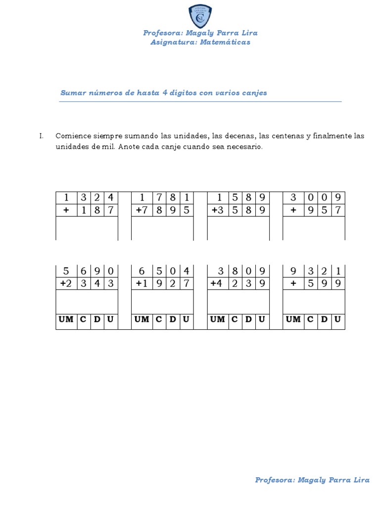Sumar Números de Hasta 4 Dígitos Con Varios Canjes | PDF | Notación ...